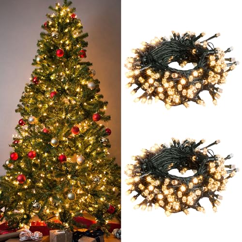 PABIPABI Christmas Tree Lights Warm White, 2 Pack 200 Led Outdoor Christmas Lights for House, 66ft Waterproof Christmas String Lights Plug in with 8 Modes for Bedroom Indoor & Outdoor Decor(2 Pack)