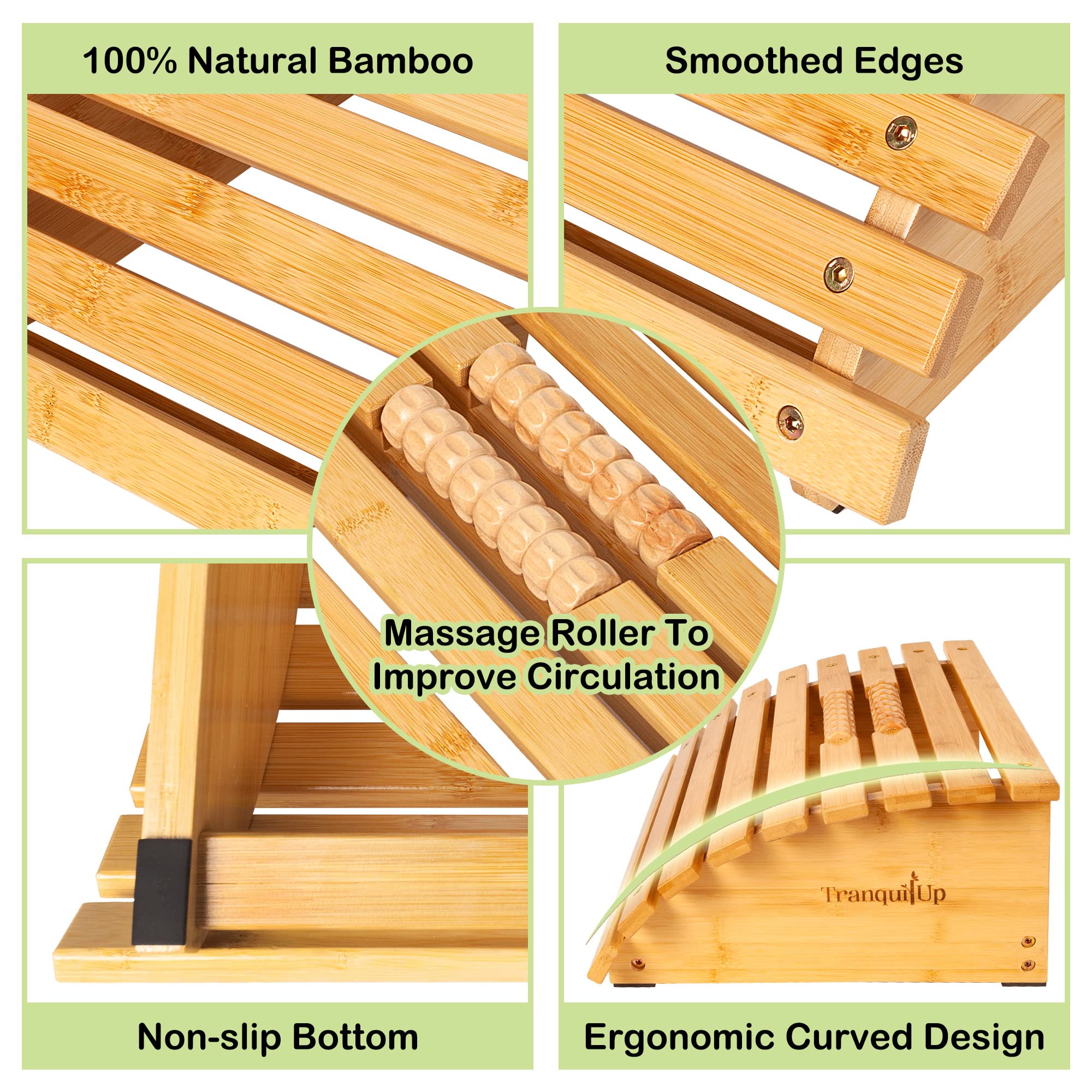 TranquilUp Bamboo Footrest under Desk, Foot Massager - Wide Surface - Anti-slip Bottom - Ergonomic - Barefoot Friendly - Suitable for Office, Home, Washroom, Help Improve Posture - Pain Relief