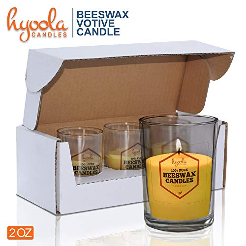 Pure Beeswax Votive Candles, 3 Pack β Yellow Unscented Decorative Candle for Party Centerpieces, Home Decor and Dinner Parties β Long Lasting Burn Time, Clear Glass Cup, 2 oz β by Hyoola