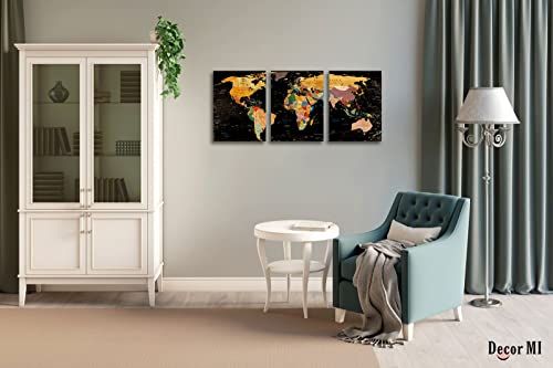 Decor MI World Map Wall Art on Canvas Black Canvas Prints Paintings 3 Pieces Canvas Map of The World Children Education Ready to Hang Map Decor Wall Artwork for Living Room Bedroom Bathroom Home