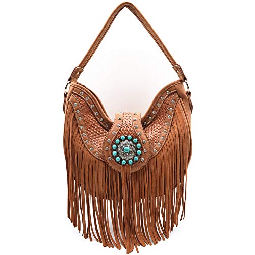 Western Style Fringe Conchos Leather Concealed Carry Purse Country Handbag Women Shoulder Bag Wallet Set (Brown)