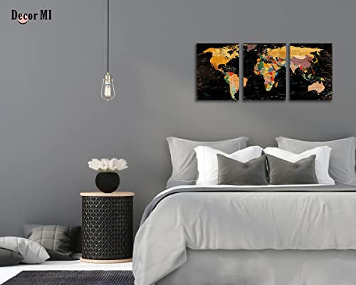 Decor MI World Map Wall Art on Canvas Black Canvas Prints Paintings 3 Pieces Canvas Map of The World Children Education Ready to Hang Map Decor Wall Artwork for Living Room Bedroom Bathroom Home