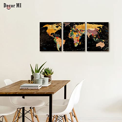 Decor MI World Map Wall Art on Canvas Black Canvas Prints Paintings 3 Pieces Canvas Map of The World Children Education Ready to Hang Map Decor Wall Artwork for Living Room Bedroom Bathroom Home