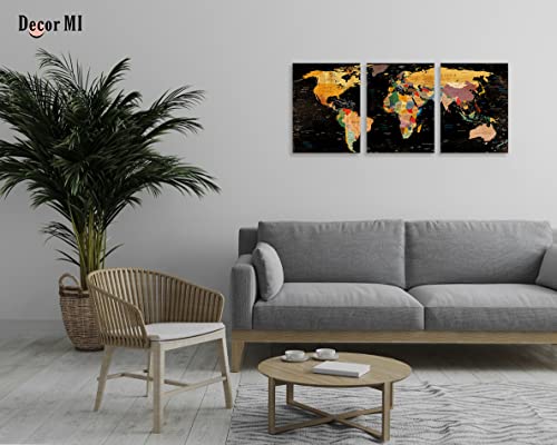Decor MI World Map Wall Art on Canvas Black Canvas Prints Paintings 3 Pieces Canvas Map of The World Children Education Ready to Hang Map Decor Wall Artwork for Living Room Bedroom Bathroom Home