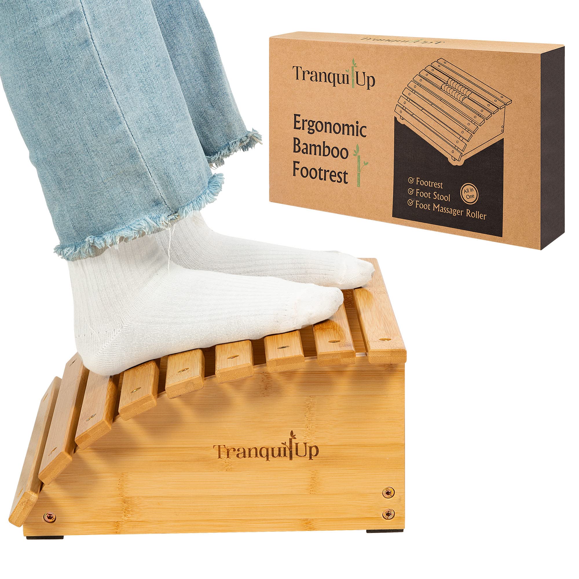 TranquilUp Bamboo Footrest under Desk, Foot Massager - Wide Surface - Anti-slip Bottom - Ergonomic - Barefoot Friendly - Suitable for Office, Home, Washroom, Help Improve Posture - Pain Relief