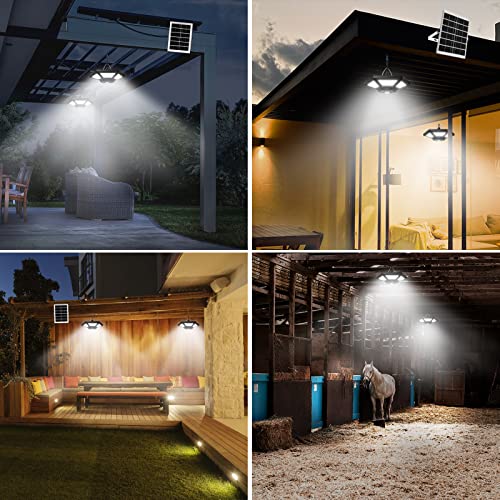 Yomisga Dual Head Solar Powered Shed Light Daytime Available Solar Pendant Lights Outdoor with Remote Control, Timer & Motion Sensor, 180 LED Solar Indoor Lights for Home, Shop, Garage, Barn…