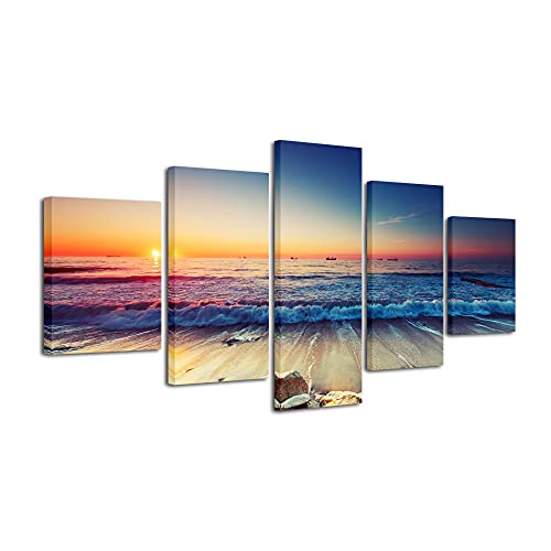 Pyradecor 5 Piece Large Modern Seascape Artwork Gallery Wrapped Ocean Sea Beach Pictures Canvas Prints Waves Paintings on Canvas Wall Art for Living Room Bedroom Home Decorations L
