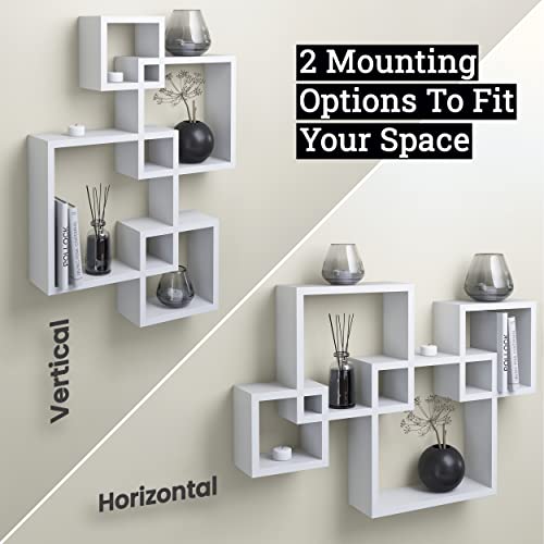 Greenco 4 Cube Intersecting Shelves, Easy-to-Assemble Floating Wall Mount Shelves for Bedrooms and Living Rooms, White Finish