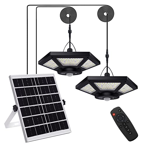 Yomisga Dual Head Solar Powered Shed Light Daytime Available Solar Pendant Lights Outdoor with Remote Control, Timer & Motion Sensor, 180 LED Solar Indoor Lights for Home, Shop, Garage, Barn…