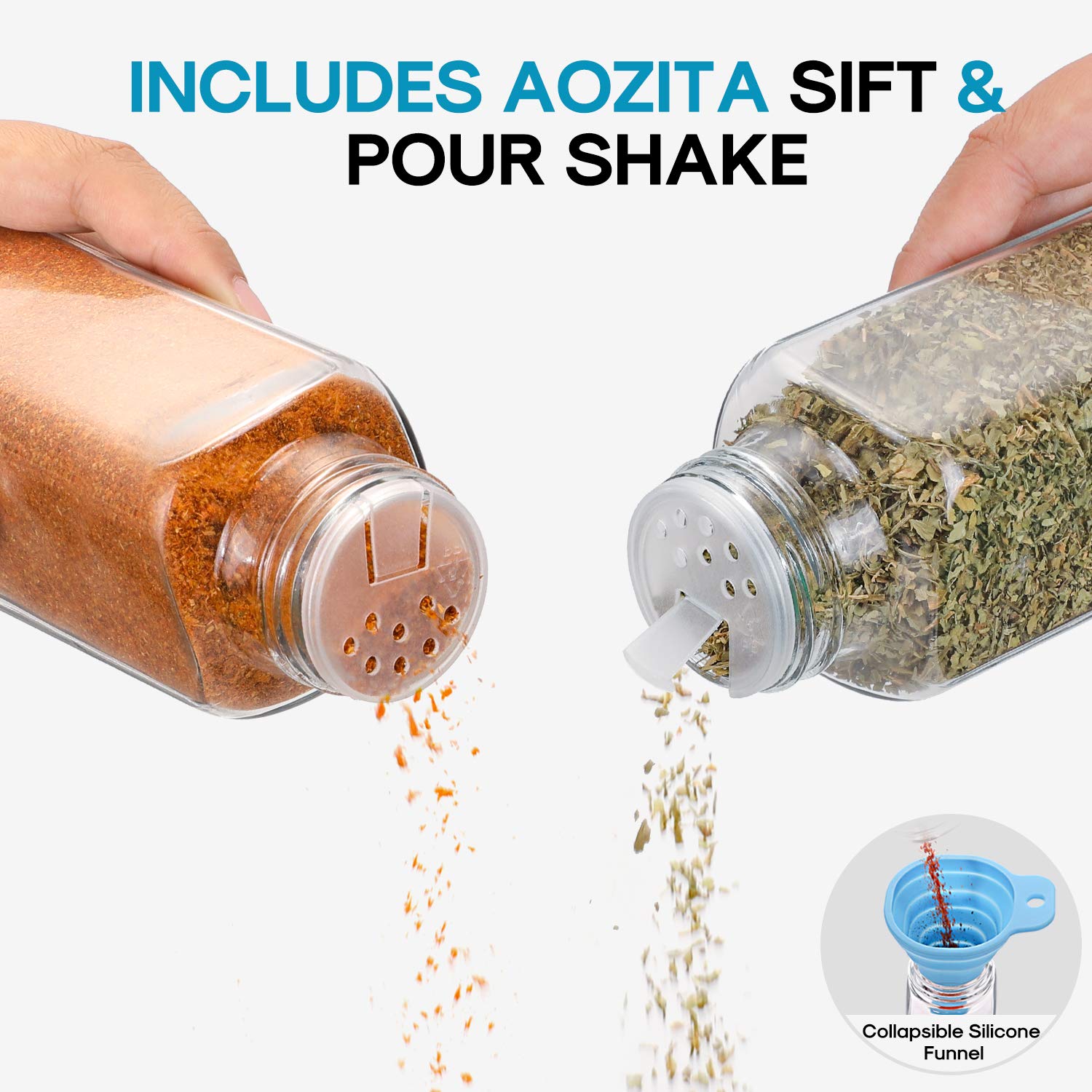 Aozita 14 Pcs Glass Spice Jars with Spice Labels - 8oz Empty Square Spice Bottles - Shaker Lids and Airtight Metal Caps - Chalk Marker and Silicone Collapsible Funnel Included