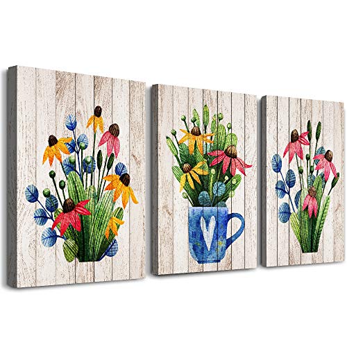 Vintage Wood grain plant flowers wall art for kitchen Wall Decorations for Living Room Bathroom Decorations room Wall decor 3 Pieces Framed Canvas print Artwork modern Office Home Decor paintinge