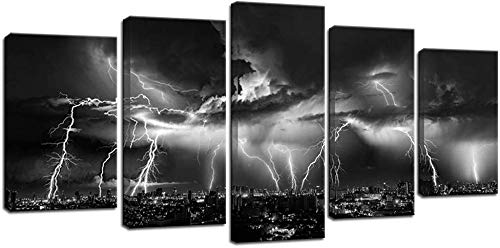 Biuteawal - Black and White Wall Art Nature Lightning Strikes in The Clouds Painting on Canvas Storm and City Night View Picture Print for Home Office Living Room Decoration Wall Decor