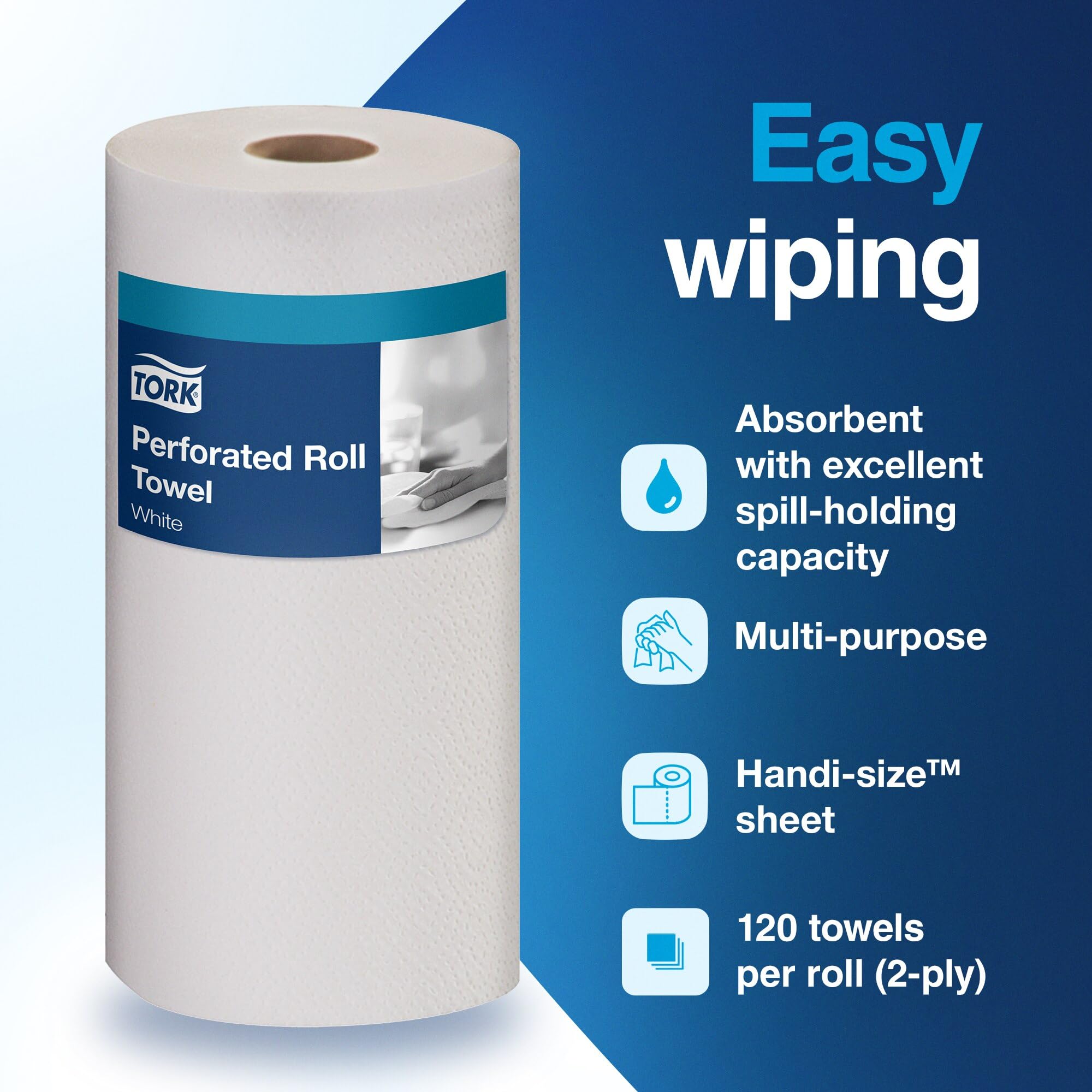 Tork Handi-Size Perforated Paper Towel, White, Universal, 2-Ply, Case of 30 Rolls, 120 per Roll, 3,600 Towels