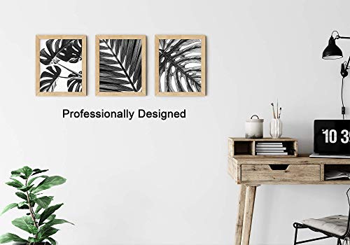 Grey Tropical Leaf Botanical Wall Art 3 Piece Print Set 8x10 Unframed Black and White Monstera and Palm Leaves for Bathroom, Bedroom Home Decor Idea