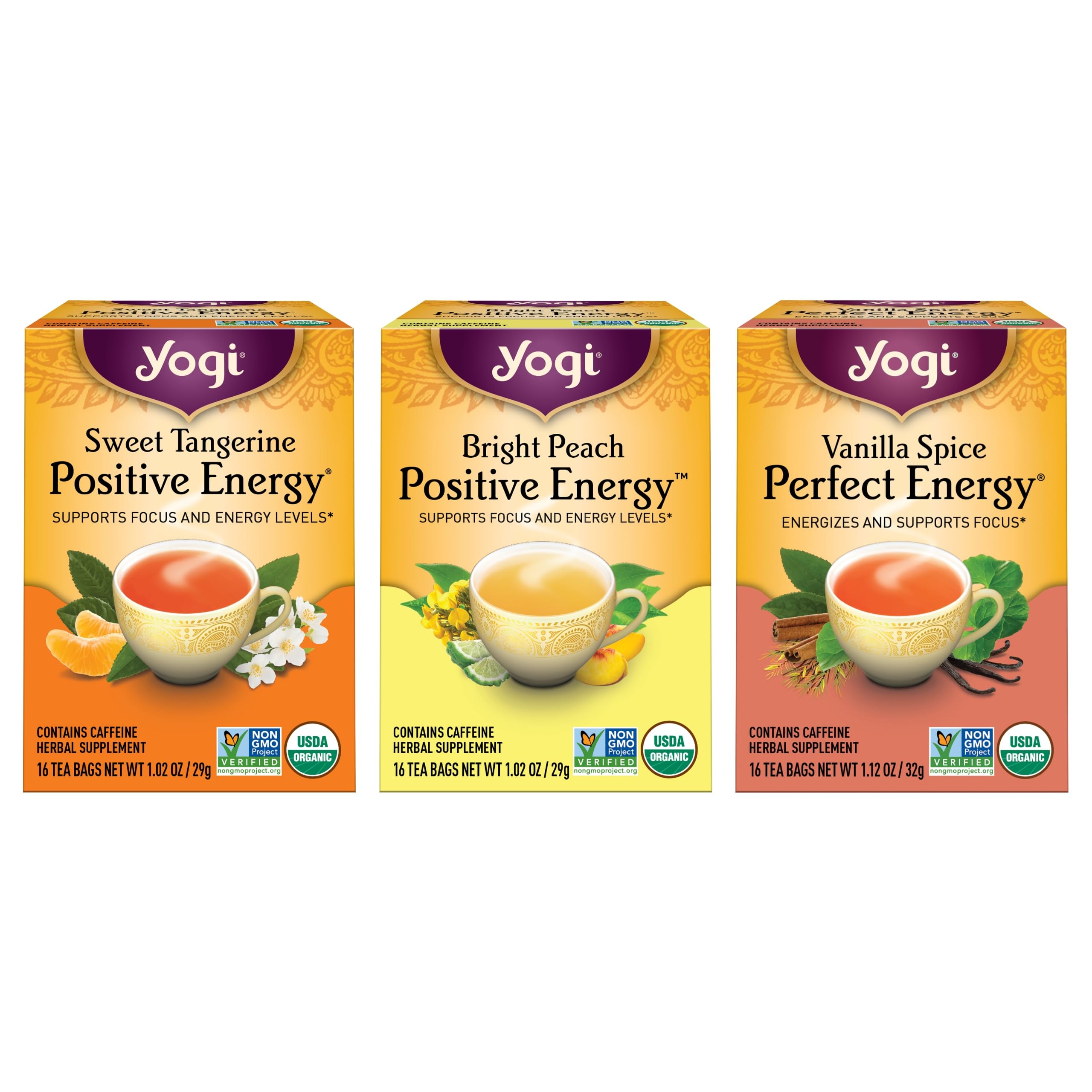 Yogi Tea - Energy Tea Variety Pack Sampler (3 Pack) - Sweet Tangerine Positive Energy, Raspberry Passion Perfect Energy, and Vanilla Spice Perfect Energy - Contains Caffeine - 48 Tea Bags