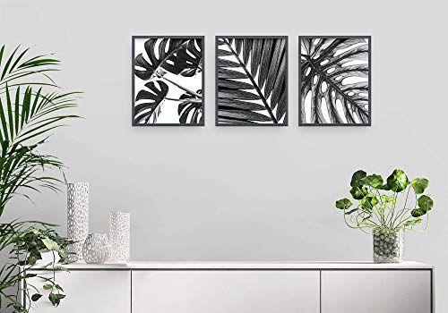 Grey Tropical Leaf Botanical Wall Art 3 Piece Print Set 8x10 Unframed Black and White Monstera and Palm Leaves for Bathroom, Bedroom Home Decor Idea