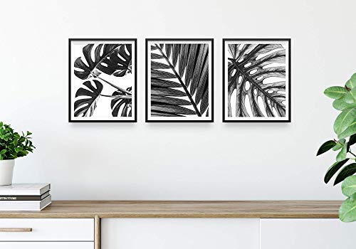 Grey Tropical Leaf Botanical Wall Art 3 Piece Print Set 8x10 Unframed Black and White Monstera and Palm Leaves for Bathroom, Bedroom Home Decor Idea