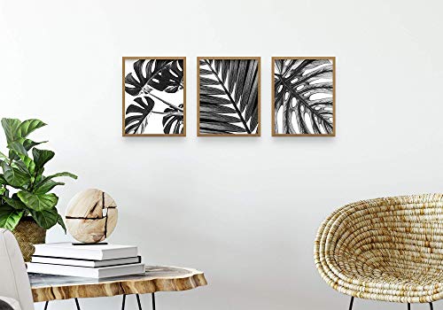 Grey Tropical Leaf Botanical Wall Art 3 Piece Print Set 8x10 Unframed Black and White Monstera and Palm Leaves for Bathroom, Bedroom Home Decor Idea