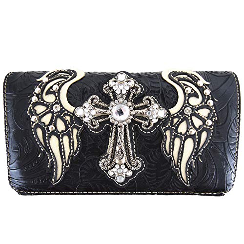 Western Style Cross Laser Cut Wings Purse Concealed Carry Handbags Women Country Shoulder Bag Wallet Set (#4 Black Set)