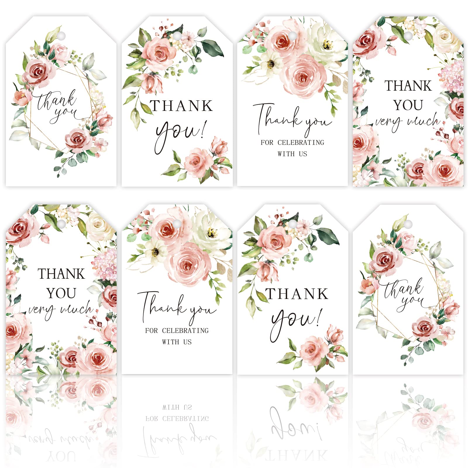 Whaline 100Pcs Thank You Gift Tags with 98.4ft Hemp Rope Ink Floral Style Paper Tags Hanging Labels Name Tags for Baby Shower Birthday Wedding Bridal Shower DIY Gift Party Favor Decor, 4 Designs