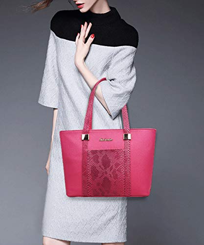 Rullar Women 6 Pcs Bag Set Stitching Handbag and Purse PU Top-handle Bag Tote Clutch Wallet Card Holder Rose