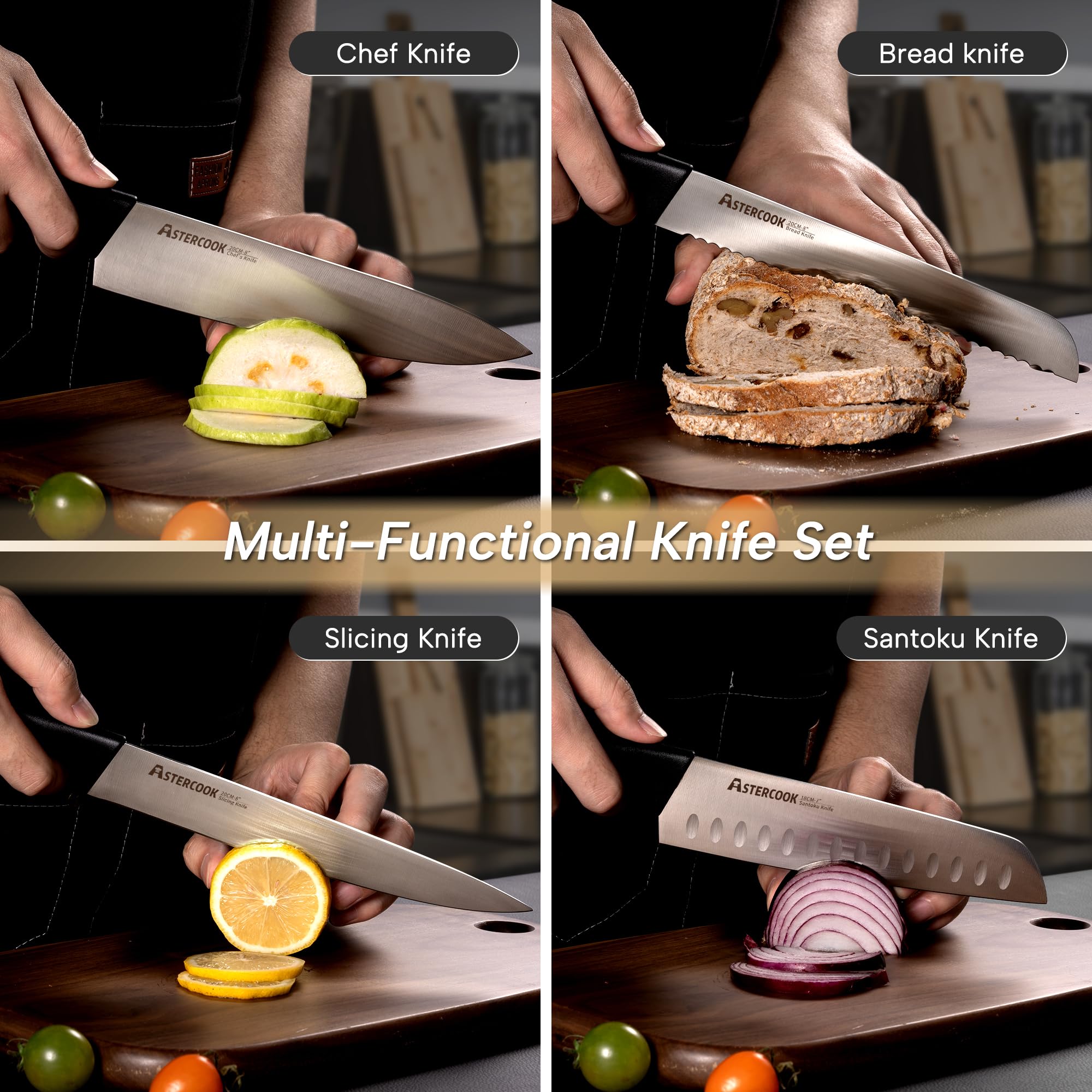 Astercook Knife Set with Built-in Sharpener Block, Dishwasher Safe Kitchen Knife Set with Block, 14 Pcs High Carbon Stainless Steel Block Knife Set with Self Sharpening and 6 Steak Knives, Black