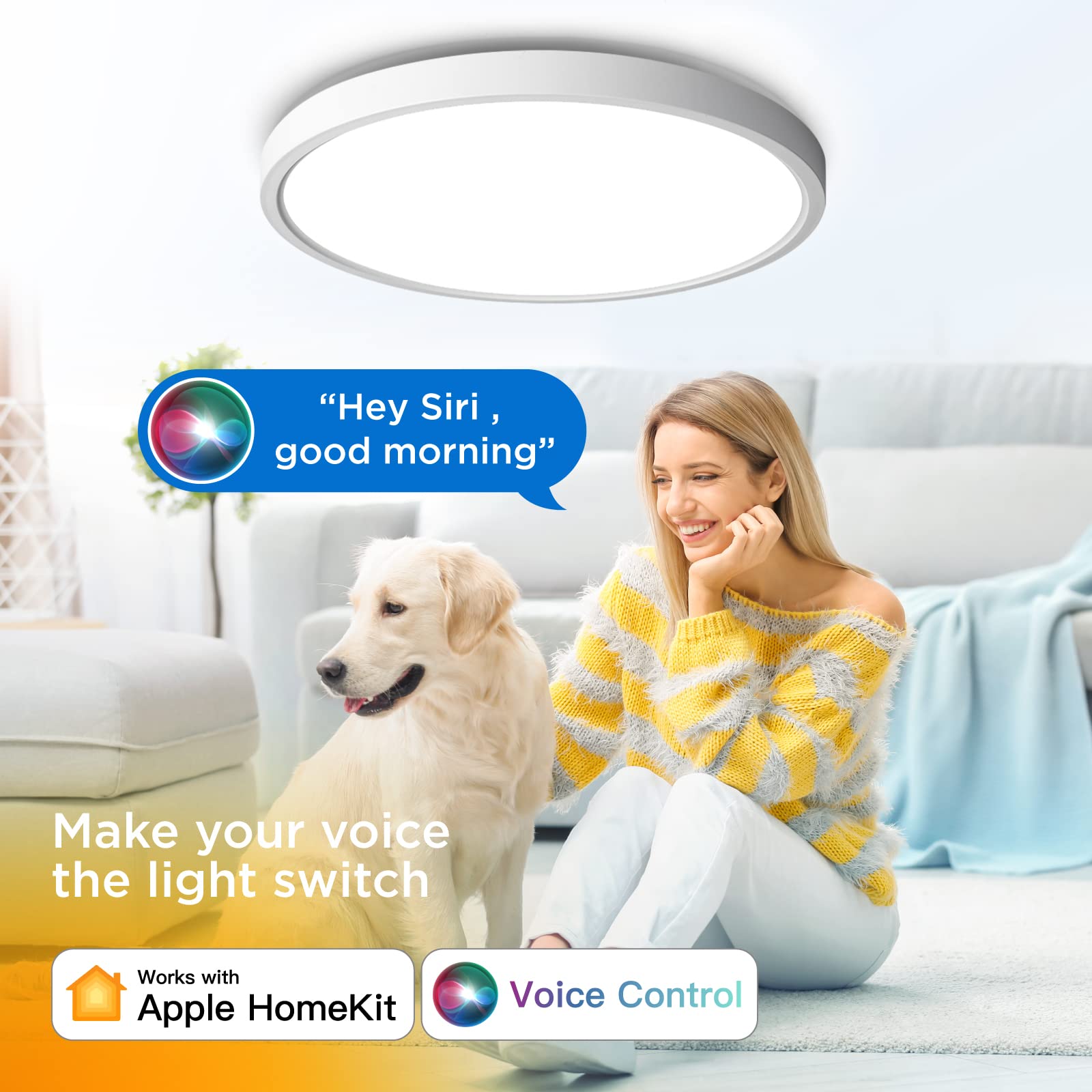 TALOYA Compatible with Apple Homekit/Siri LED Flush Mount Ceiling Light Fixture, 15.8inch 28W Smart Ceiling Light Fixture with RGB Backlight, 3000-6500K Light Changeable, for Living Room, Bedroom