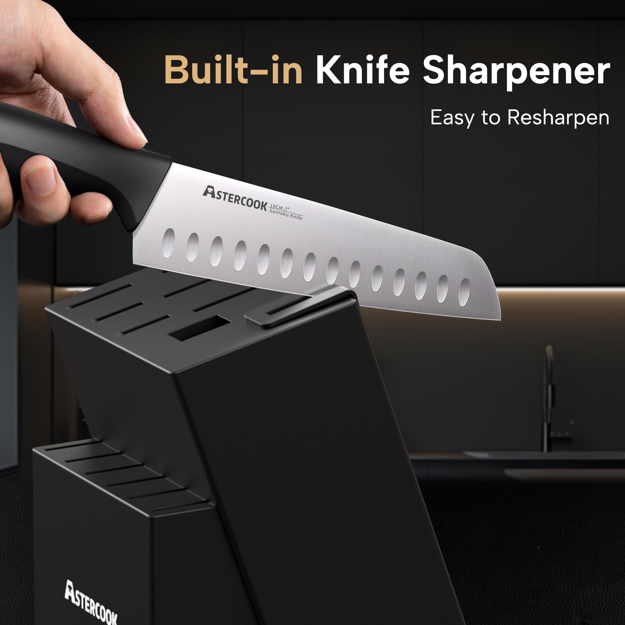Astercook Knife Set with Built-in Sharpener Block, Dishwasher Safe Kitchen Knife Set with Block, 14 Pcs High Carbon Stainless Steel Block Knife Set with Self Sharpening and 6 Steak Knives, Black