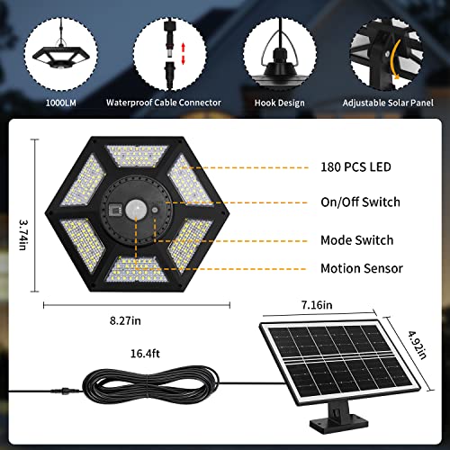 Yomisga Solar Powered Shed Light Daytime Available Solar Pendant Lights Outdoor with Remote Control, Timer, Motion Sensor & 5 Lighting Modes, 180 LED Solar Indoor Lights for Home, Shop, Garage, Barn…