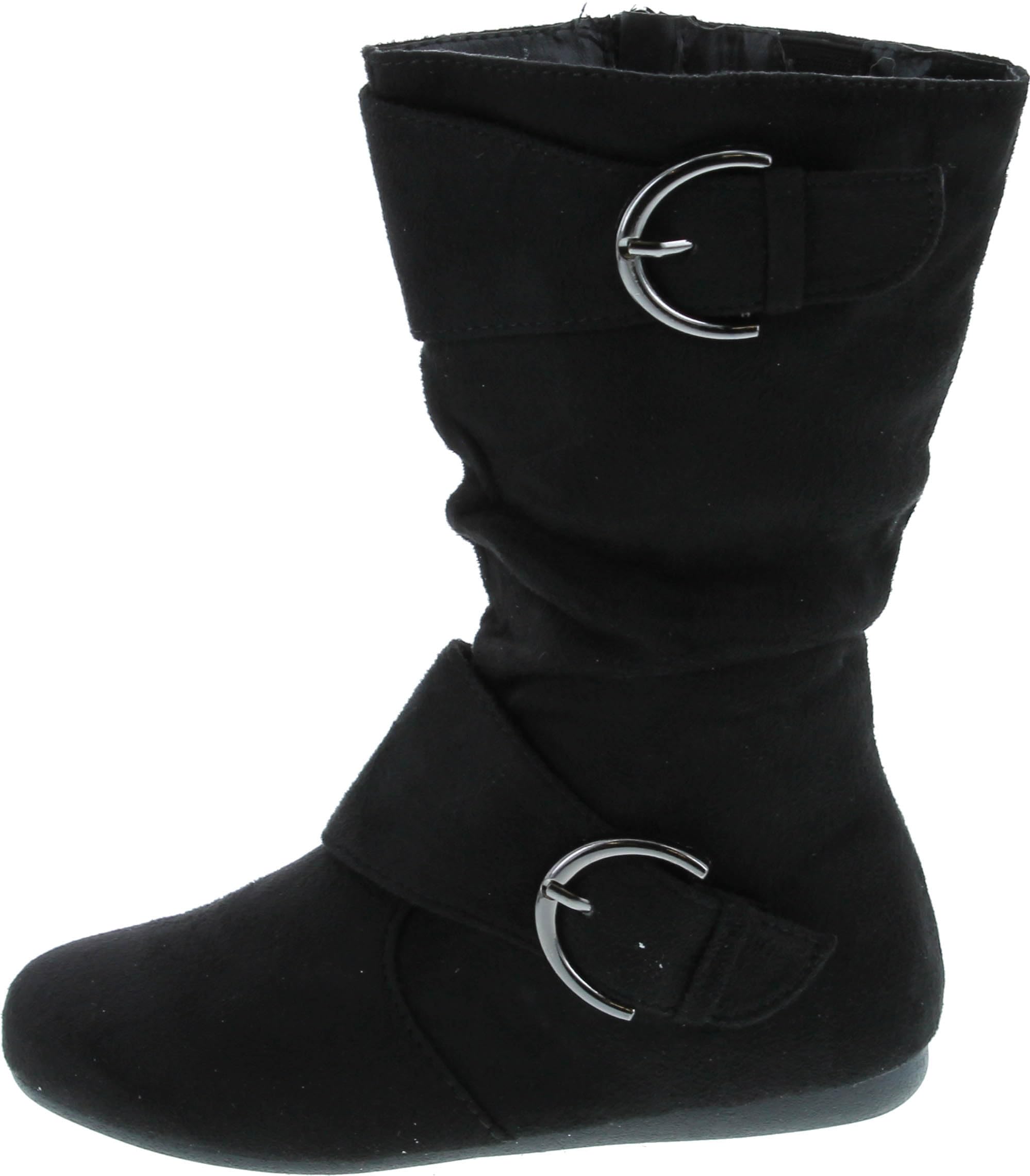 Link Klein-70K Girl's Kid's Faux Suede Two Buckle Zipper Flat Heel Mid Calf Slouchy Boot Shoes,Black,2