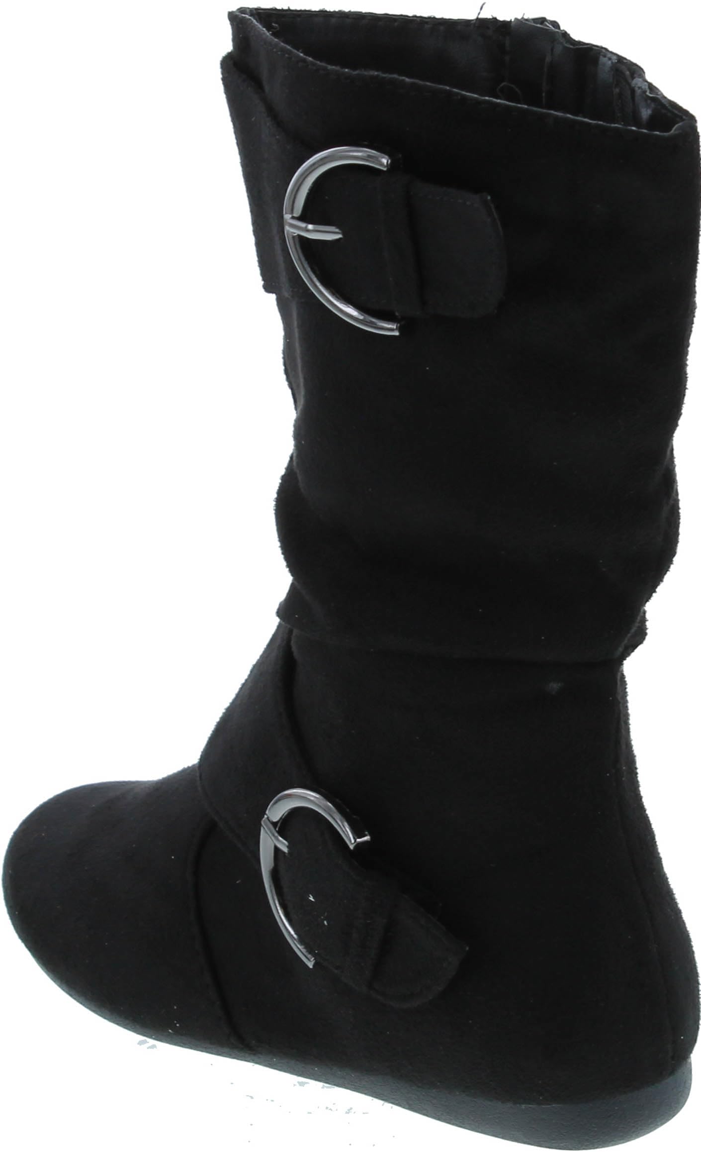 Link Klein-70K Girl's Kid's Faux Suede Two Buckle Zipper Flat Heel Mid Calf Slouchy Boot Shoes,Black,2