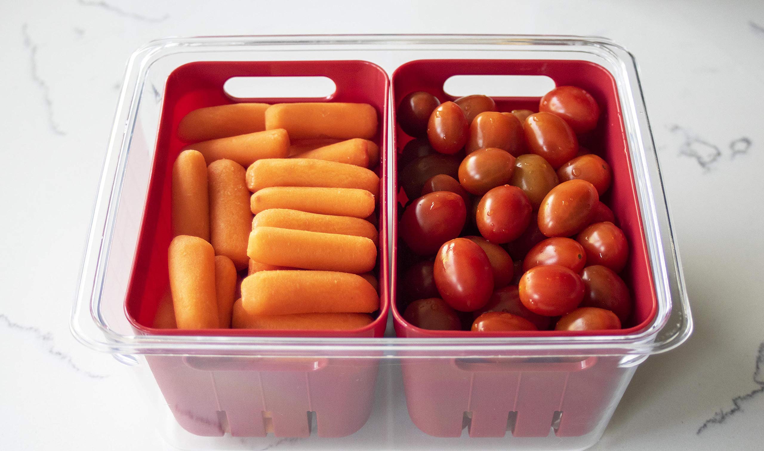 Kitchen Spaces KSDCB12-AMZ Twin Colander Stackable Food Storage Organizer for Fridge, Freezer, and Pantry, 8.8" x 6.8" x 3.9", Red & Clear
