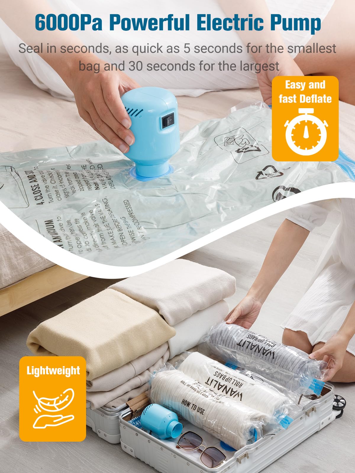 Vacuum Storage Bags with Electric Air Pump, 15 Pack (3 Jumbo, 3 Large, 3 Medium, 3 Small, 3 Roll Up Bags) Space Saver Bag, Vacuum Sealer Bags for Clothes, Blanket, Duvets, Pillows, Comforters, Travel
