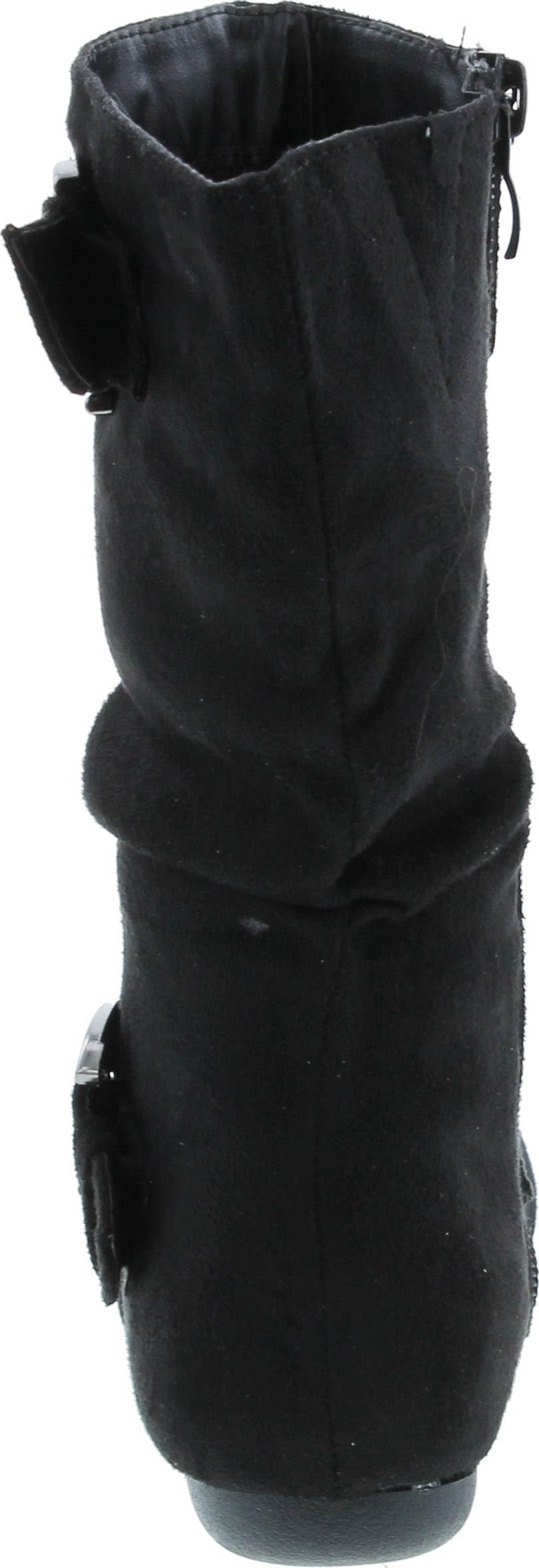 Link Klein-70K Girl's Kid's Faux Suede Two Buckle Zipper Flat Heel Mid Calf Slouchy Boot Shoes,Black,2