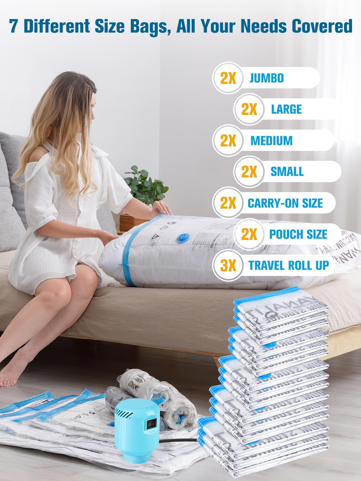 Vacuum Storage Bags with Electric Air Pump, 15 Pack (3 Jumbo, 3 Large, 3 Medium, 3 Small, 3 Roll Up Bags) Space Saver Bag, Vacuum Sealer Bags for Clothes, Blanket, Duvets, Pillows, Comforters, Travel
