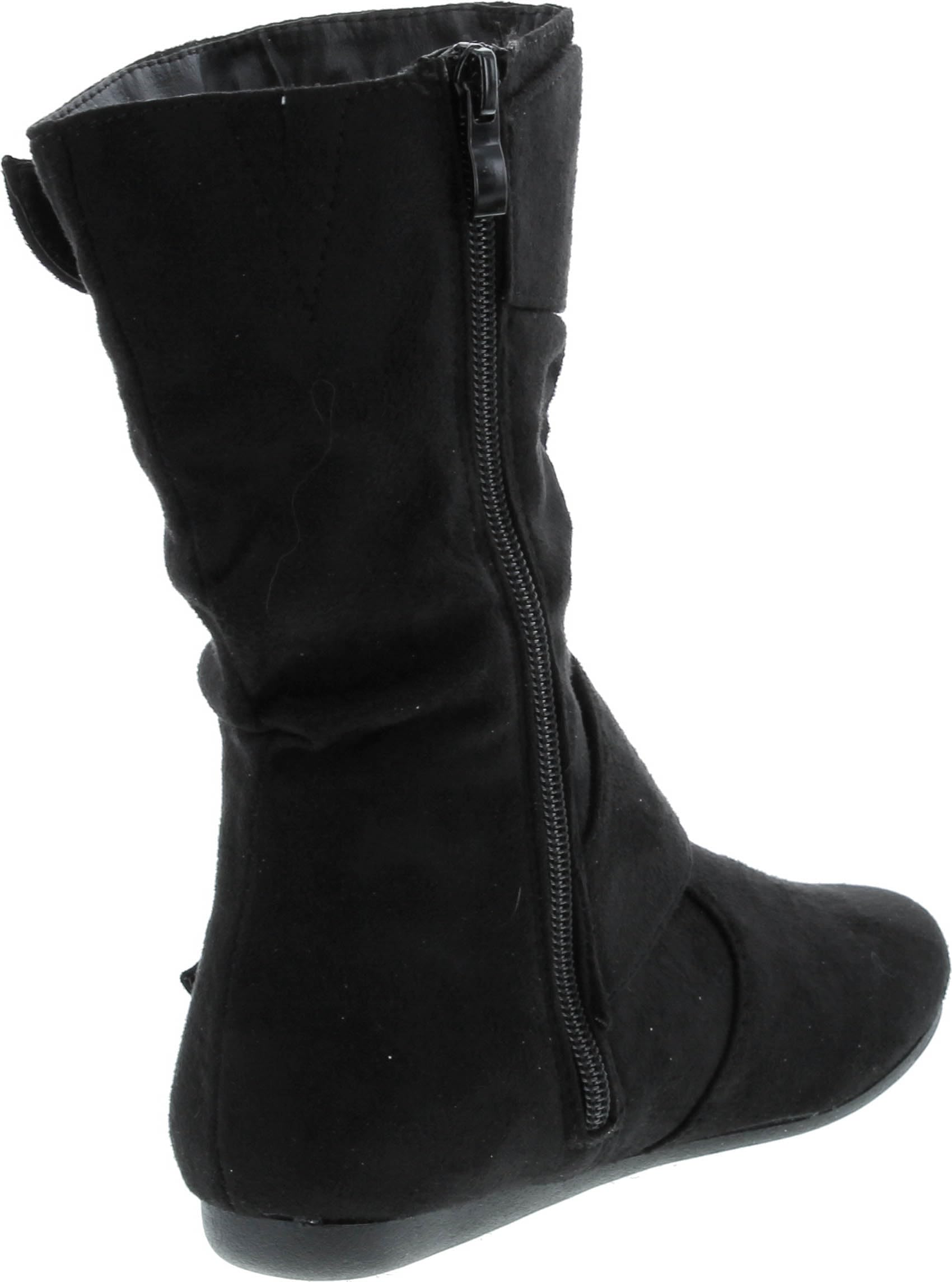 Link Klein-70K Girl's Kid's Faux Suede Two Buckle Zipper Flat Heel Mid Calf Slouchy Boot Shoes,Black,2