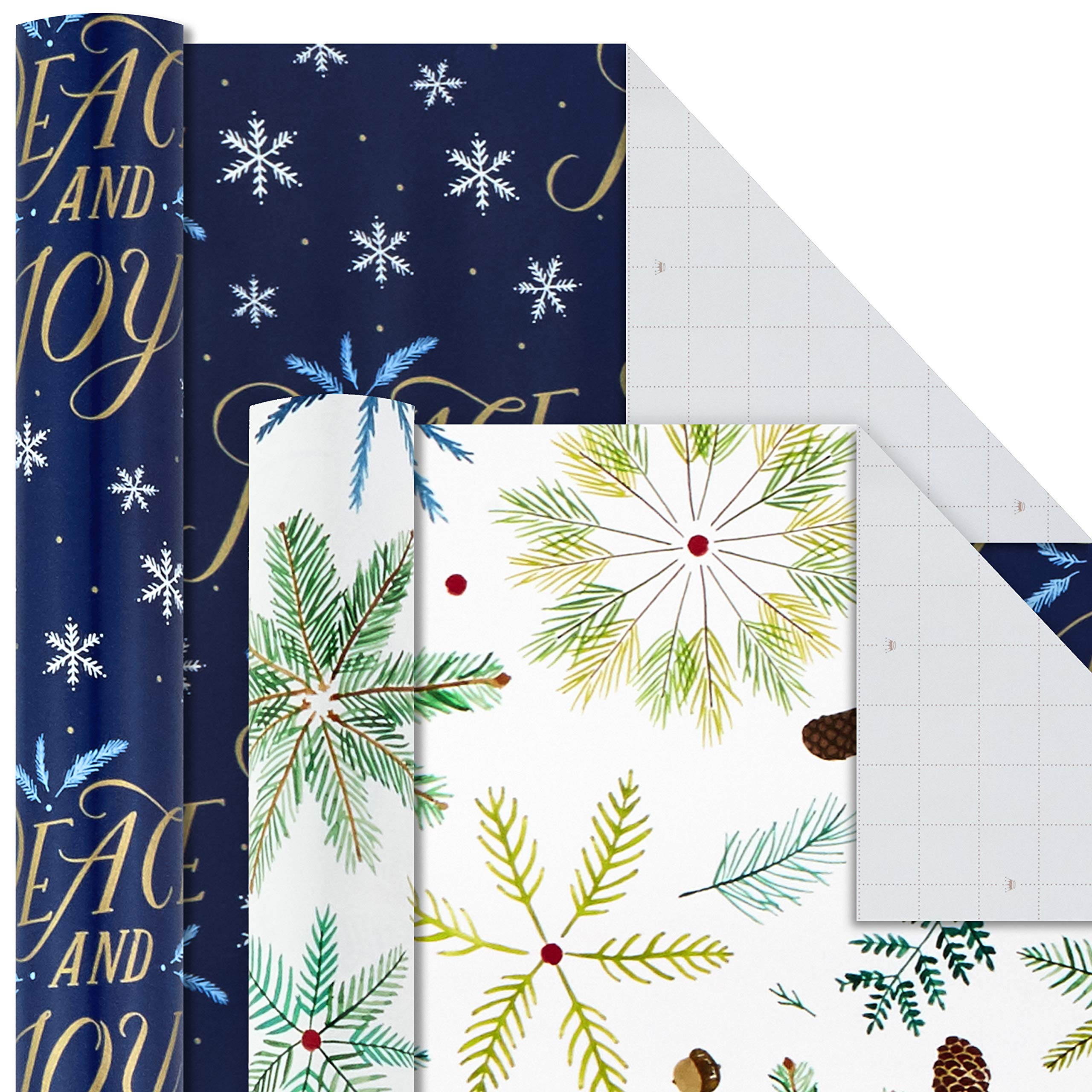 Hallmark Holiday Wrapping Paper Bundle with Cut Lines on Reverse, Quirky Christmas (Pack of 4, 120 sq. ft. ttl) Yeti, Santa, Penguin, Snowflakes, Blue, Gold