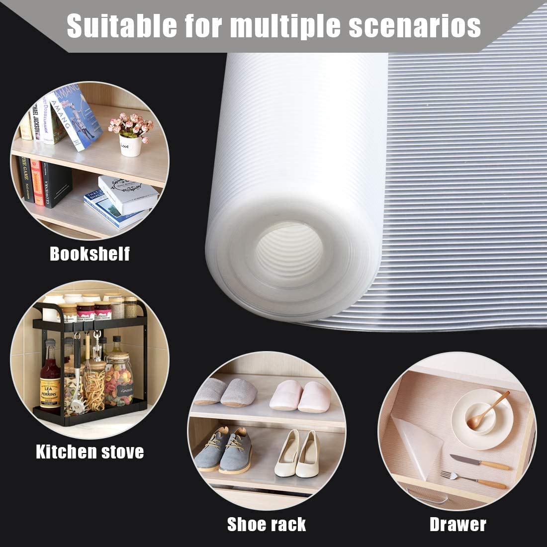Shelf Liner for Kitchen Cabinets, 17.5 Inches x 20 FT, Non Adhesive Cabinet Liner, Double Sided Non-Slip Drawer Liner, Washable for Kitchen Cabinets, Pantry,Bathroom,Laundry Room, Clear Ribbed