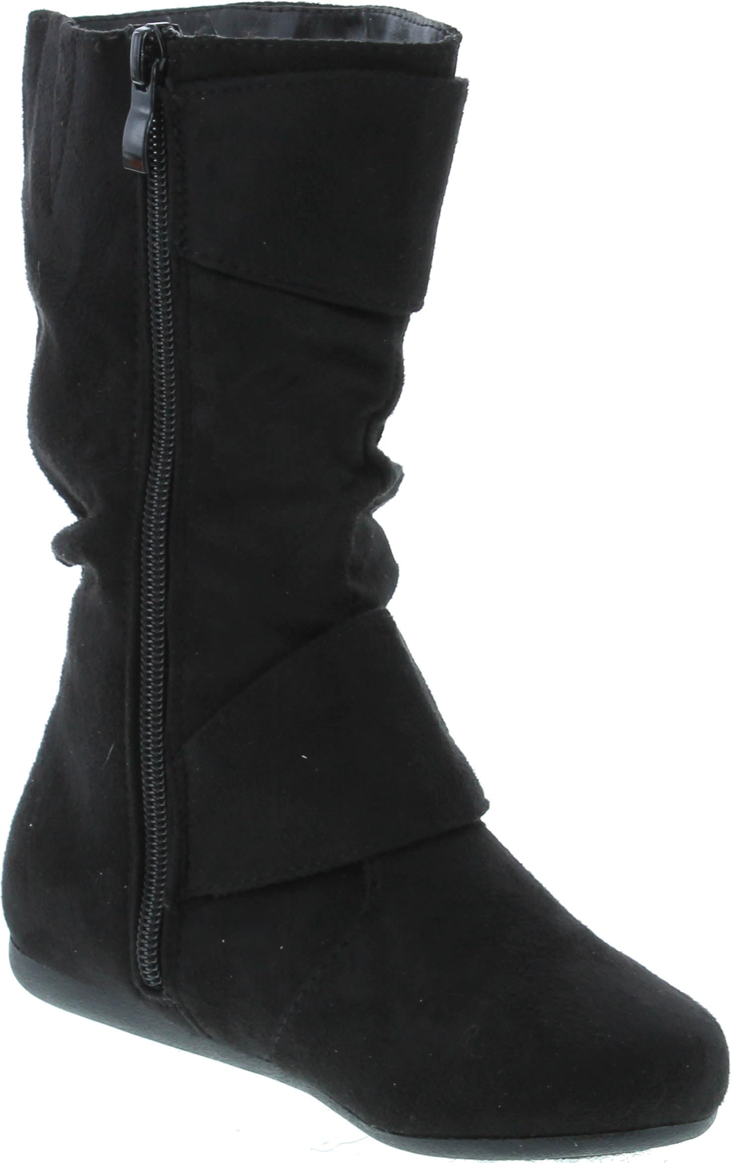 Link Klein-70K Girl's Kid's Faux Suede Two Buckle Zipper Flat Heel Mid Calf Slouchy Boot Shoes,Black,2