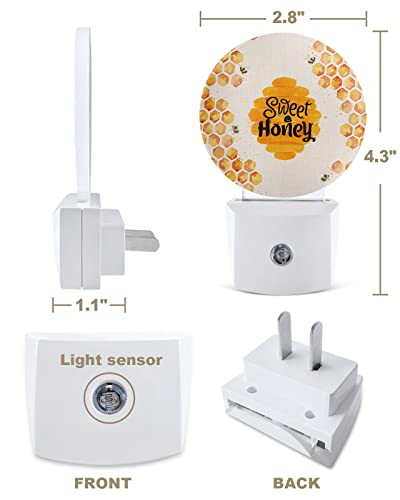ILYBEEN Farm Sweet Honey Bee with Honeycomb LED Night Lights Plug-in Nightlight with Auto Dusk to Dawn Sensor, Hexagon on Burlap Cotton Round Lamp for Bedroom,Hallway,Bathroom