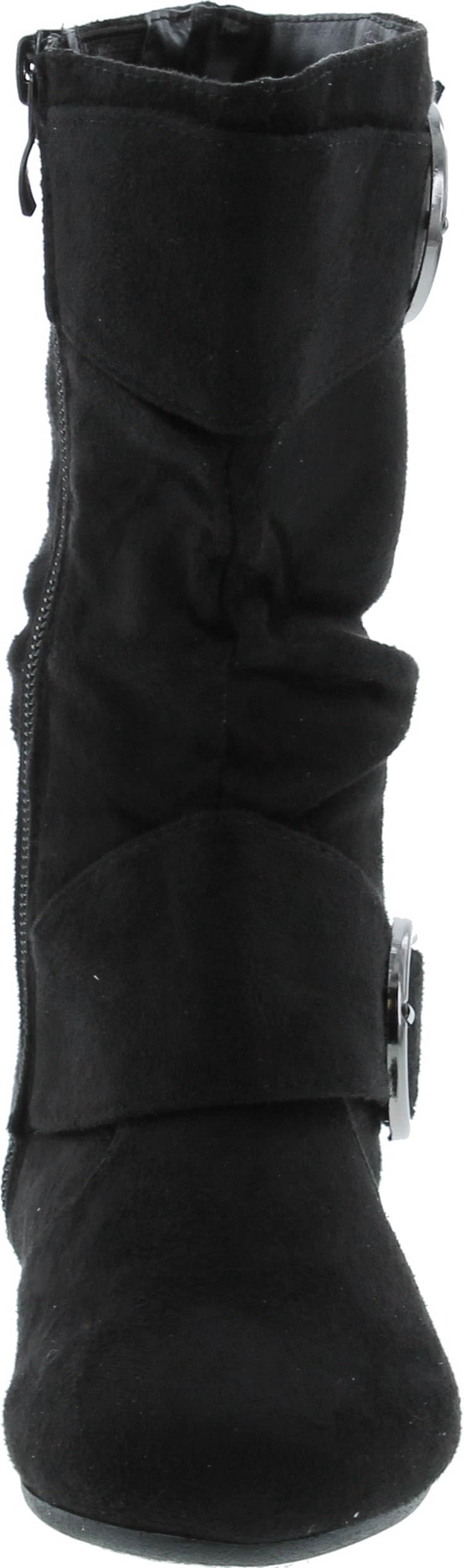 Link Klein-70K Girl's Kid's Faux Suede Two Buckle Zipper Flat Heel Mid Calf Slouchy Boot Shoes,Black,2