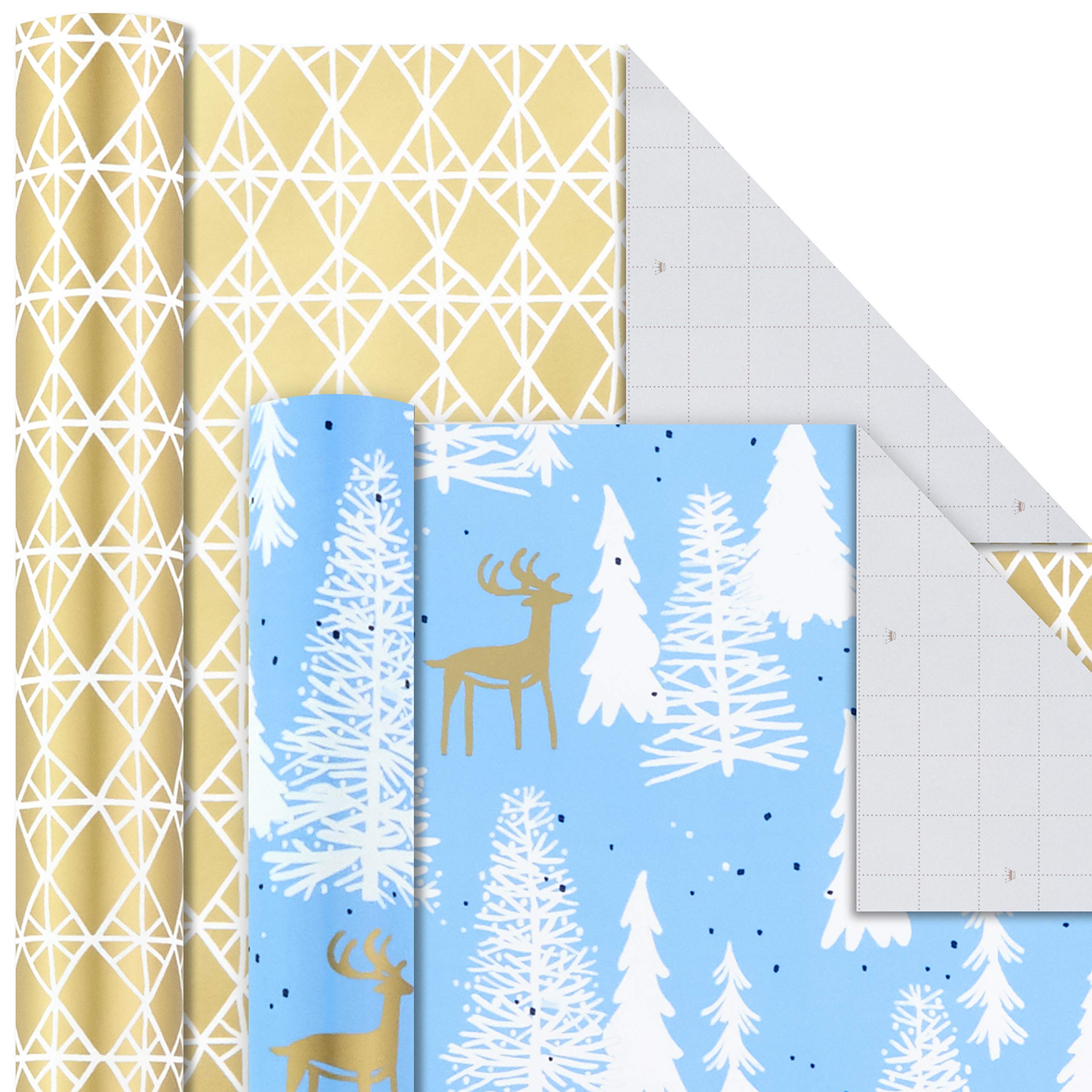 Hallmark Holiday Wrapping Paper Bundle with Cut Lines on Reverse, Quirky Christmas (Pack of 4, 120 sq. ft. ttl) Yeti, Santa, Penguin, Snowflakes, Blue, Gold