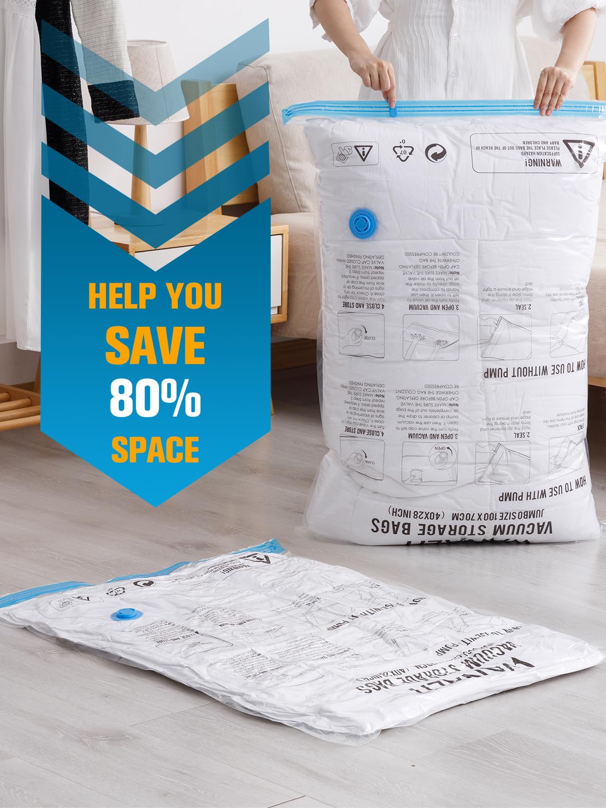 Vacuum Storage Bags with Electric Air Pump, 15 Pack (3 Jumbo, 3 Large, 3 Medium, 3 Small, 3 Roll Up Bags) Space Saver Bag, Vacuum Sealer Bags for Clothes, Blanket, Duvets, Pillows, Comforters, Travel