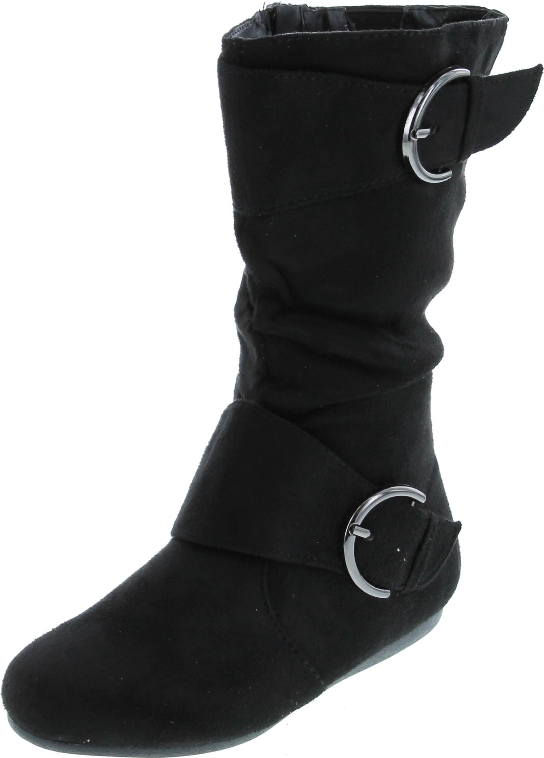 Link Klein-70K Girl's Kid's Faux Suede Two Buckle Zipper Flat Heel Mid Calf Slouchy Boot Shoes,Black,2