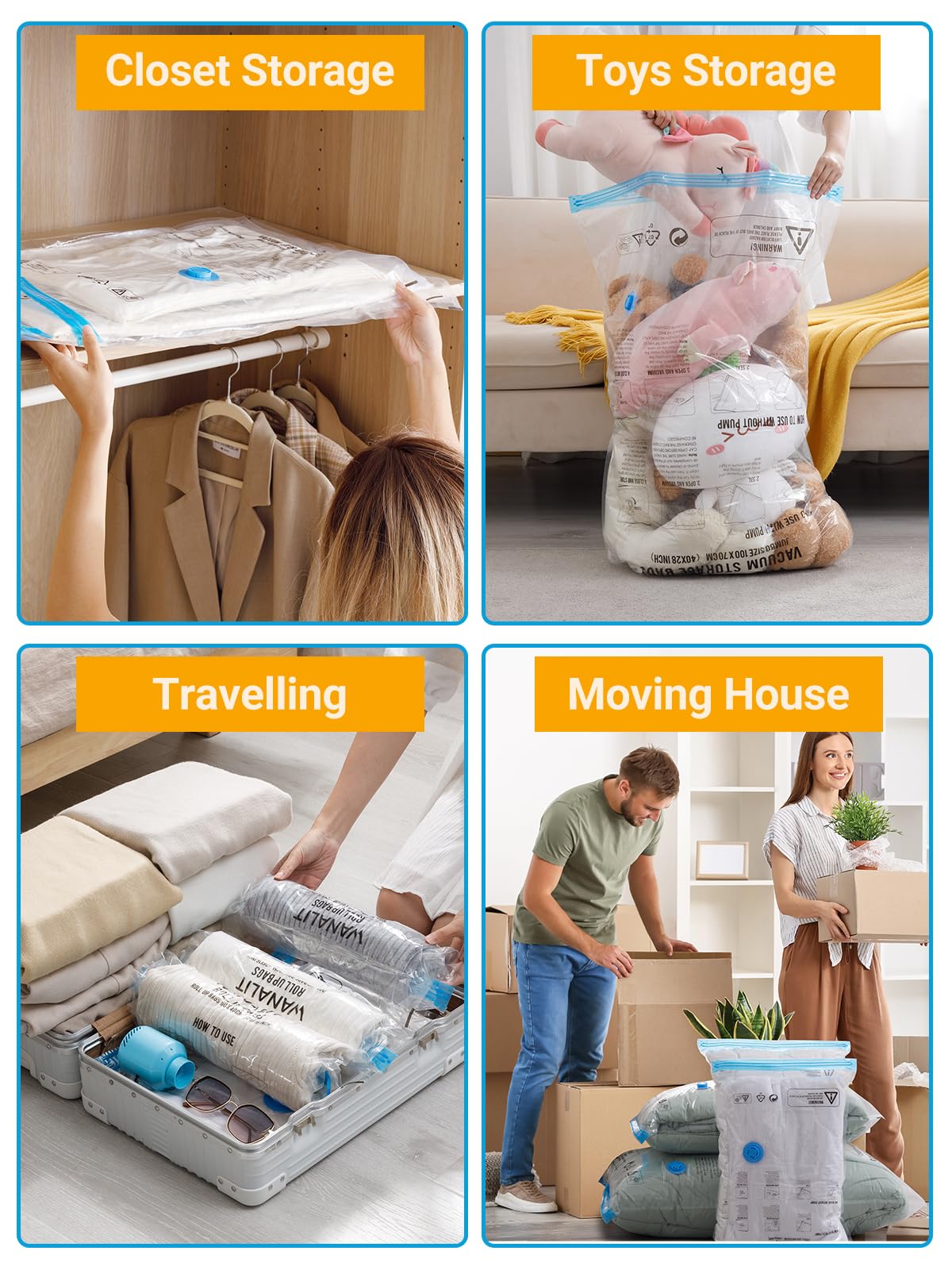Vacuum Storage Bags with Electric Air Pump, 15 Pack (3 Jumbo, 3 Large, 3 Medium, 3 Small, 3 Roll Up Bags) Space Saver Bag, Vacuum Sealer Bags for Clothes, Blanket, Duvets, Pillows, Comforters, Travel
