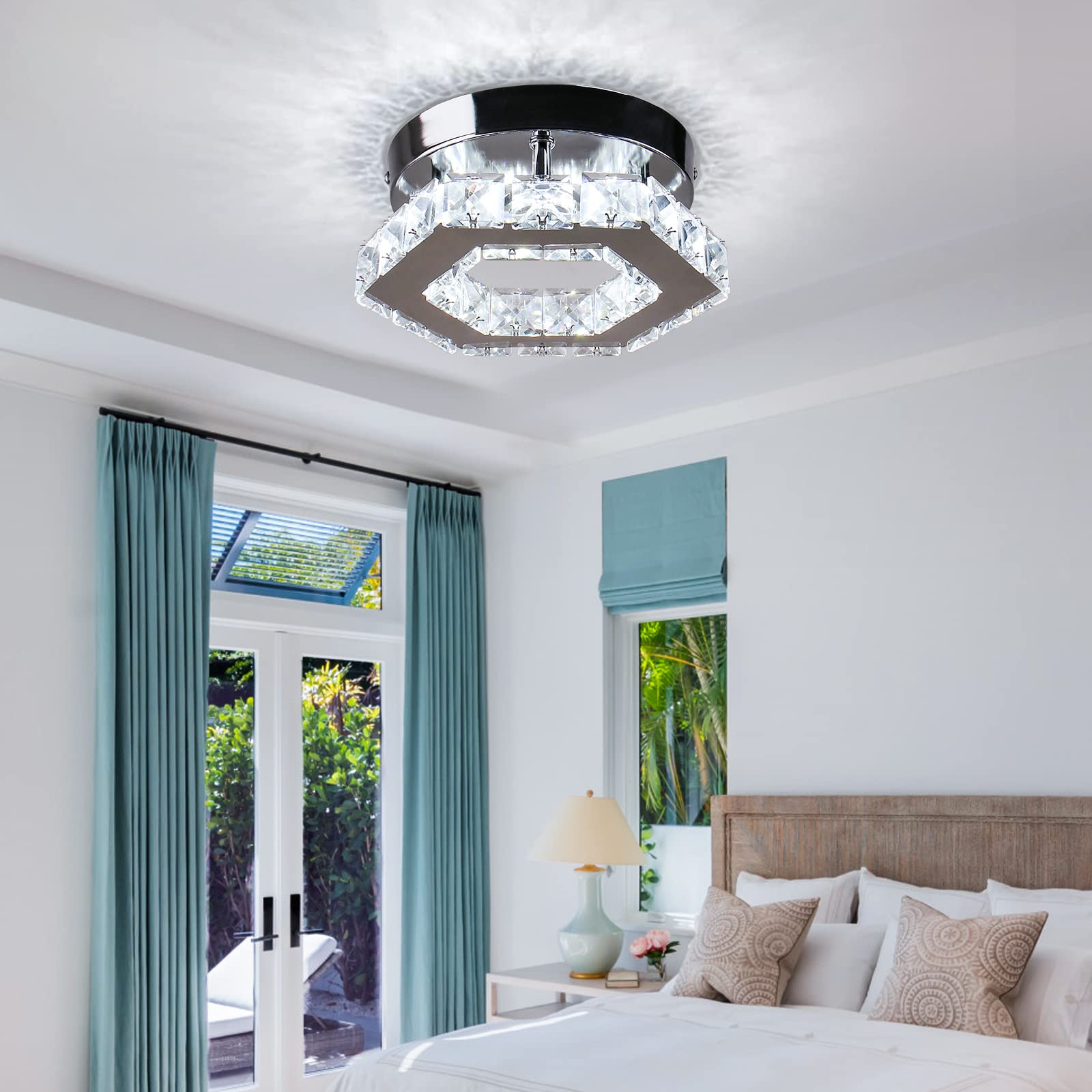 Cainjiazh Mini Chandelier LED Crystal Chandelier Lighting Flush Mount Ceiling Light Fixture Modern Ceiling Crystal Lamp for Hallway Bar Staircase Kitchen Bedroom (Multicolor)