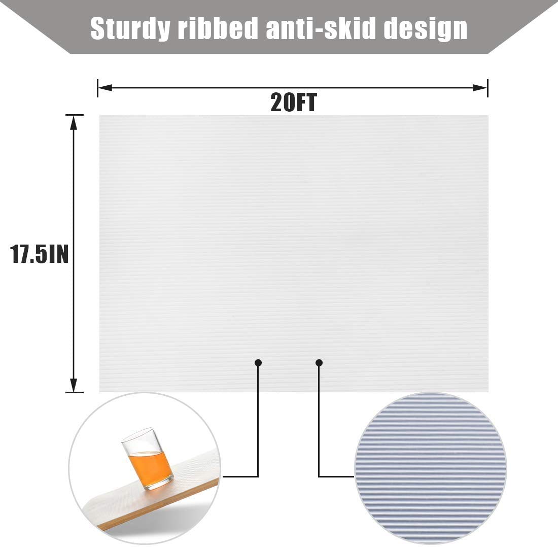 Shelf Liner for Kitchen Cabinets, 17.5 Inches x 20 FT, Non Adhesive Cabinet Liner, Double Sided Non-Slip Drawer Liner, Washable for Kitchen Cabinets, Pantry,Bathroom,Laundry Room, Clear Ribbed