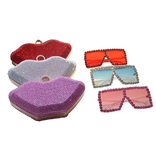 JU+ Women Lip Purses Evening Clutch Rhinestone Lips-Shaped Crossbody Bags Vintage Banquet Handbag(Red)
