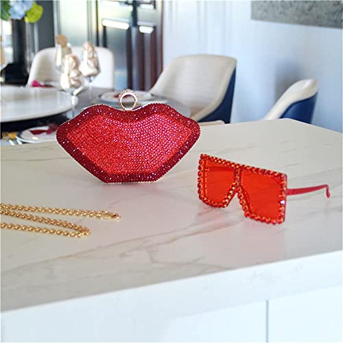 JU+ Women Lip Purses Evening Clutch Rhinestone Lips-Shaped Crossbody Bags Vintage Banquet Handbag(Red)