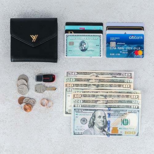 YBONNE Women's Small Compact Bifold Pocket Wallet, Made of Finest Genuine Leather (Black)
